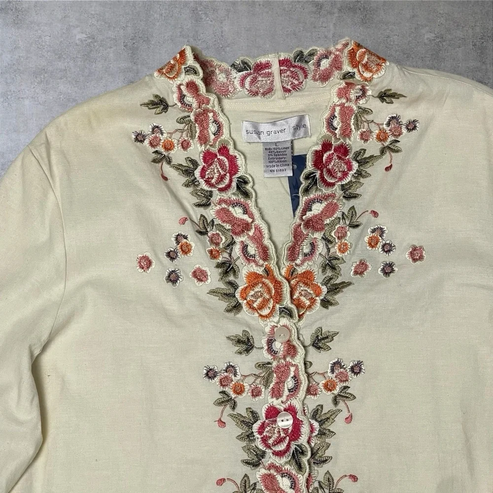 Susan Graver | Tops | Susan Graver Ivory Linen Blend Floral Embroidered ...